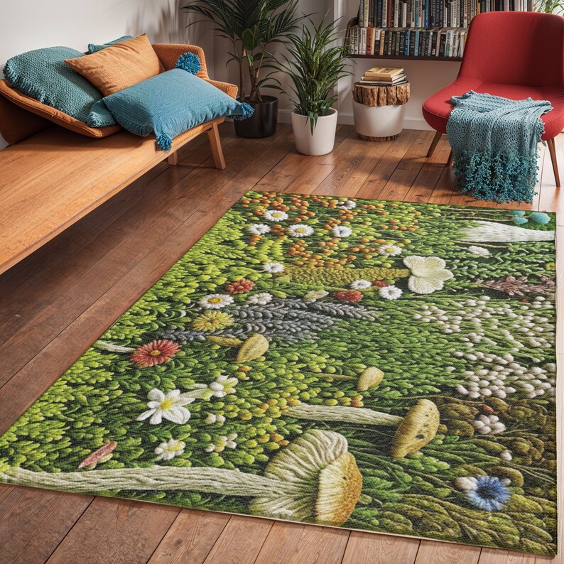 Boho Wildflower Mushroom Rug for Bedroom, Office Area Rug, Cottagecore ...