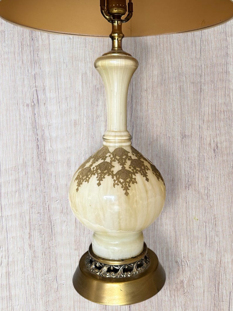 Slag Style Gilded MCM Lamp Set With Shades, Neutral Tone Gold Gild ...