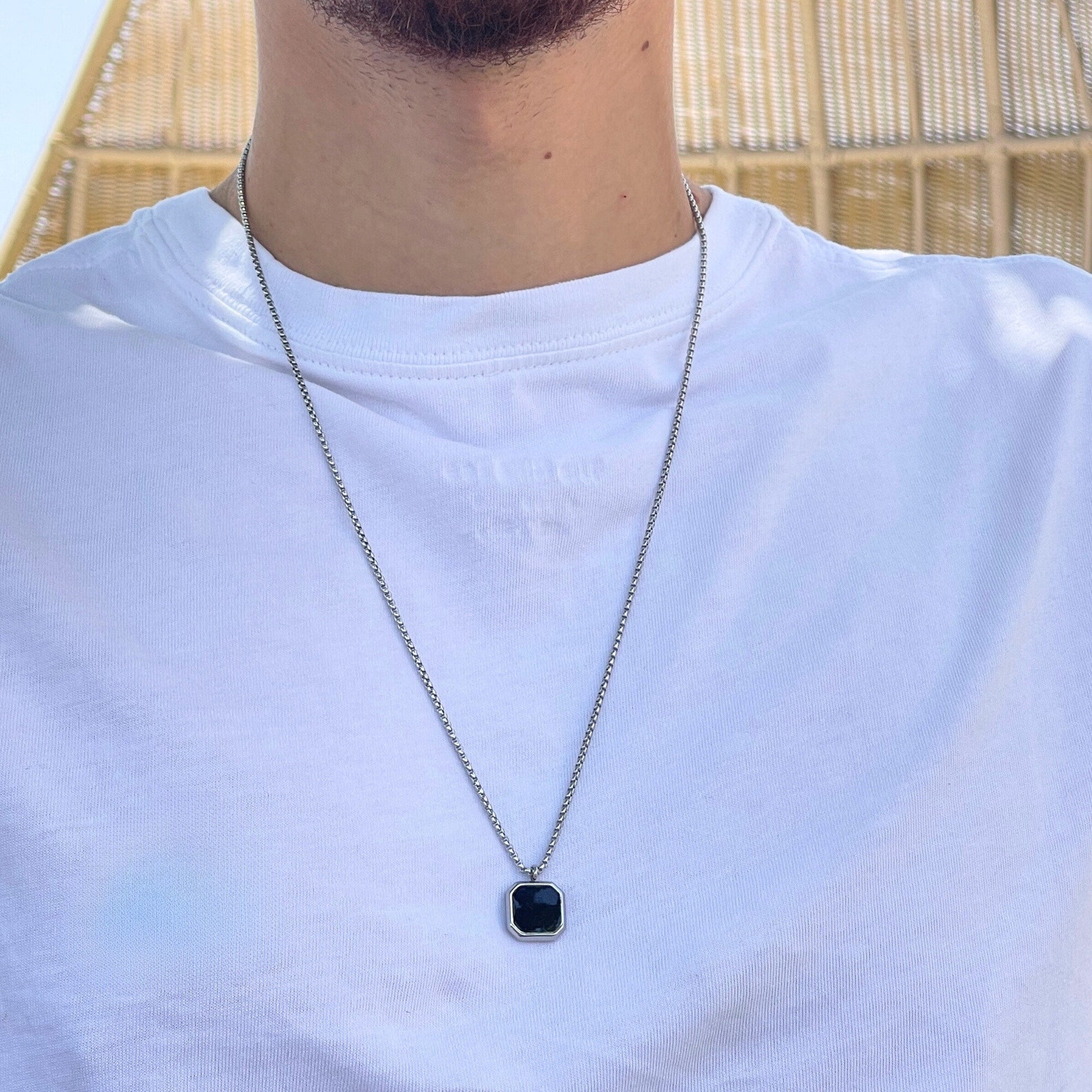 Black Onyx Stone Necklace for Men - Stainless Steel Custom Engraved ...