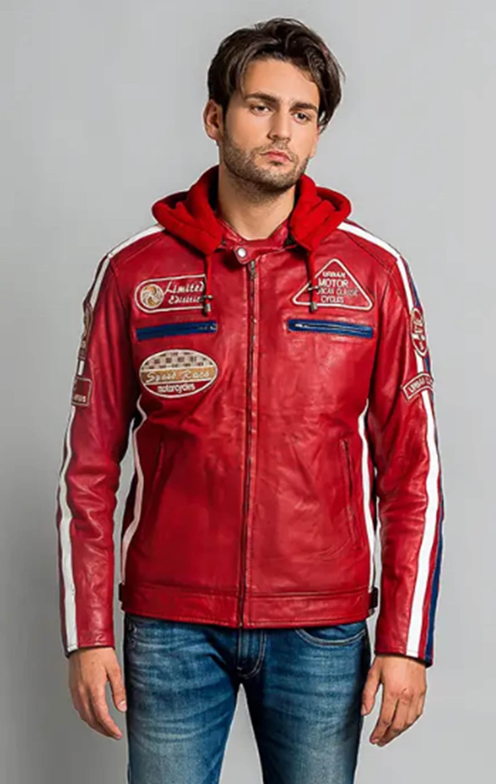 Luxury Red Men's Racing Style MOTORCYCLE Lambskin LEATHER JACKET Cafe ...
