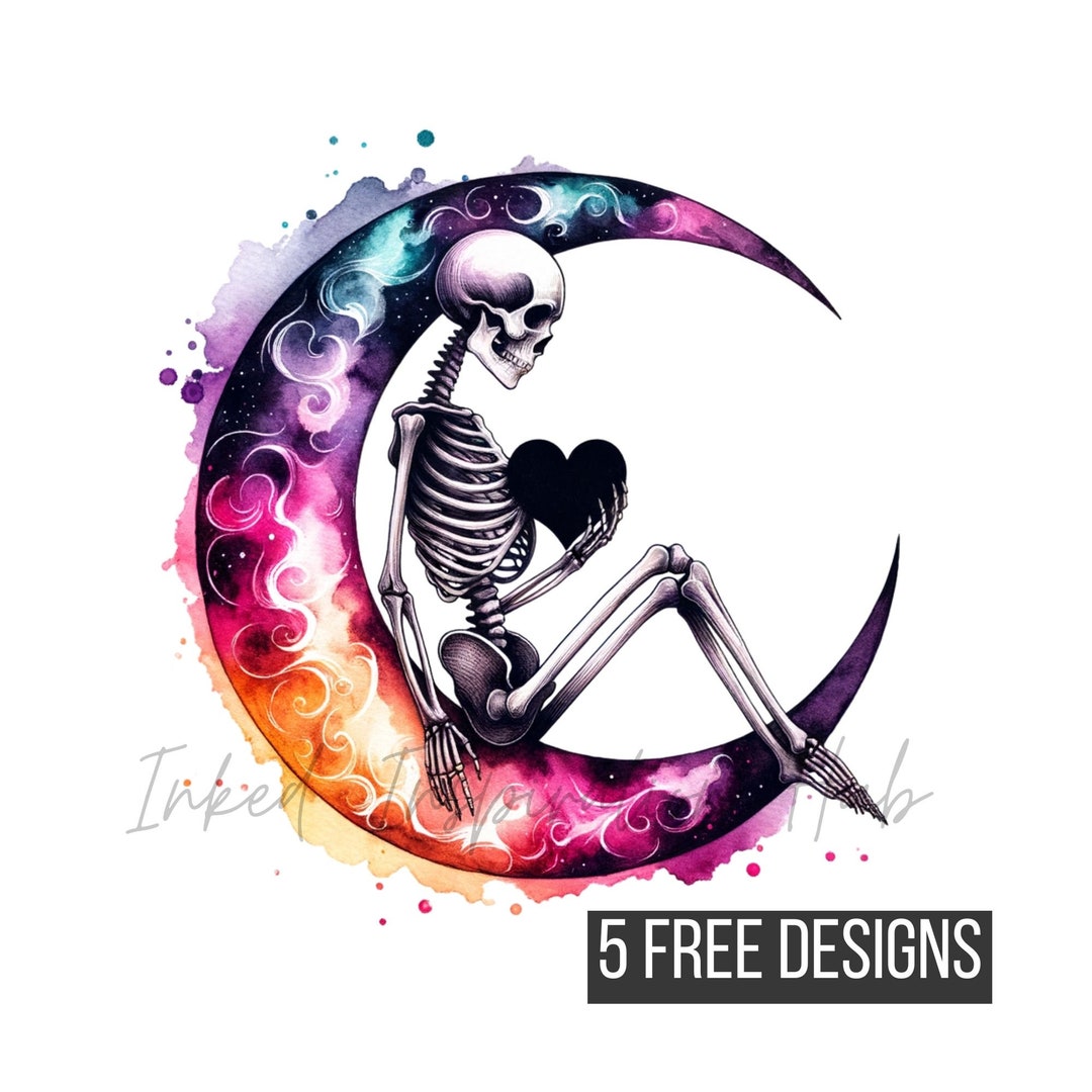 Crescent Moon Skeleton PNG Black Heart Sublimation Design Trendy Mom T ...
