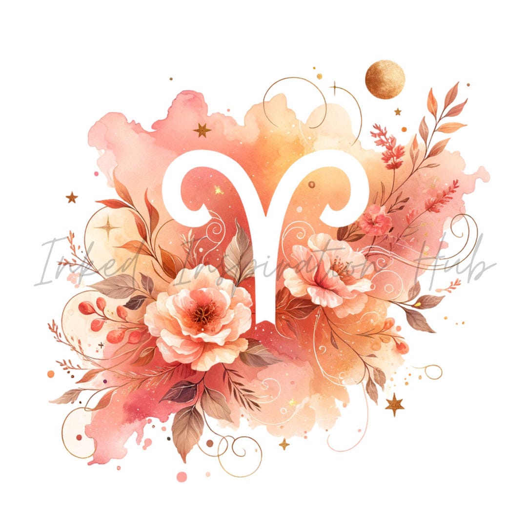 Aries Zodiac Symbol PNG Pastel Watercolor Floral Clipart Sublimation ...