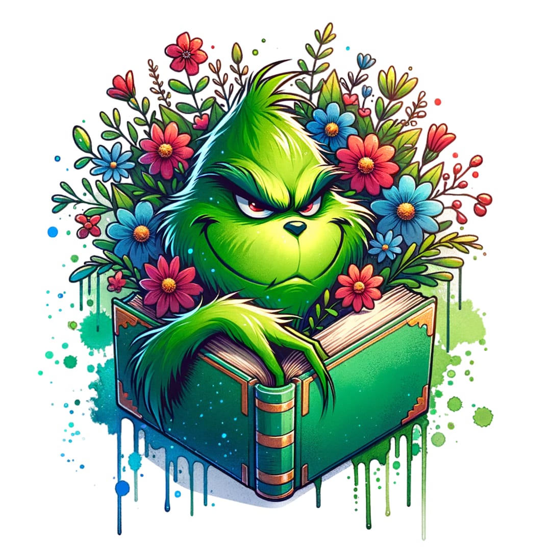 Watercolor Clipart of Spring Grinch With Book and Wildflowers ...