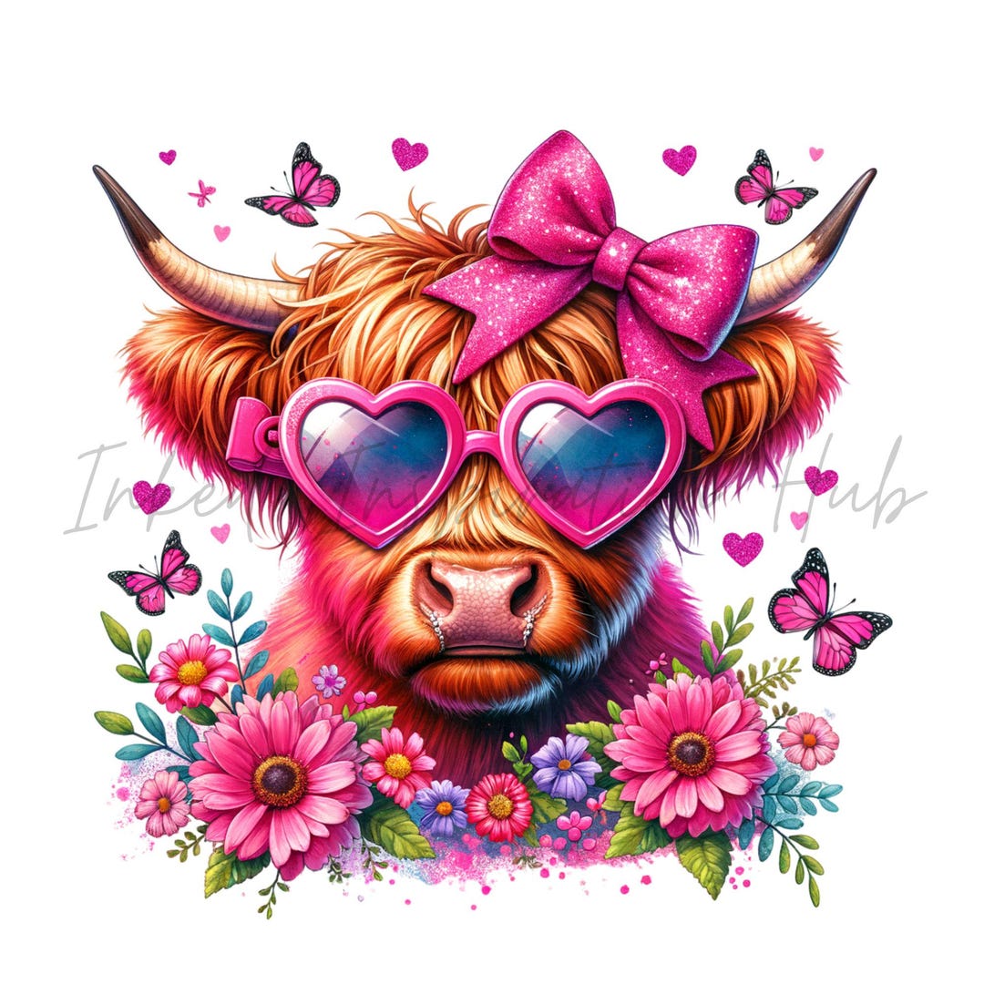 Pink Highland Cow PNG Valentine's Day PNG Floral Watercolor Sublimation ...