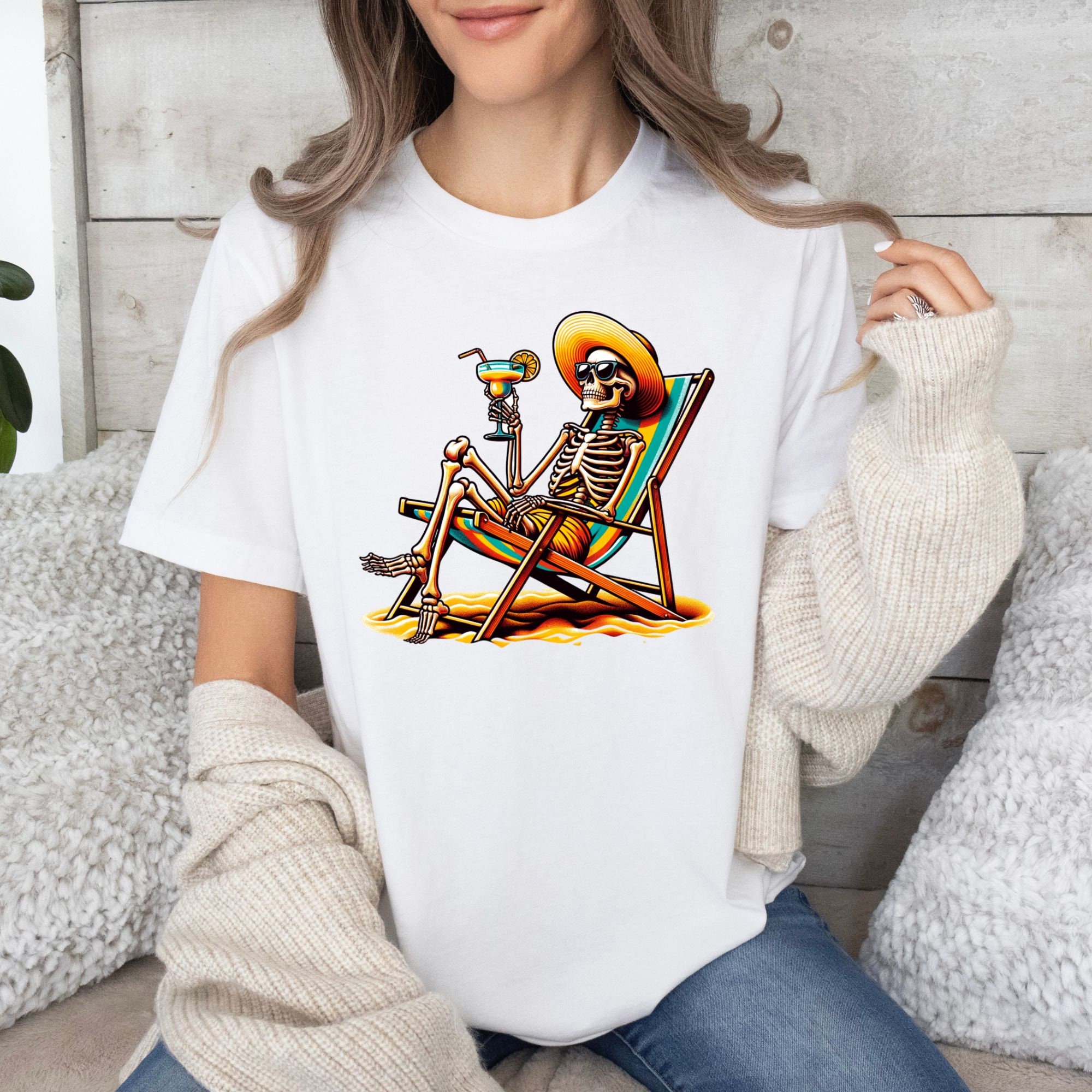 Funny Beach Skeleton Drinking PNG Sticker Design Tote Bag Sublimation ...