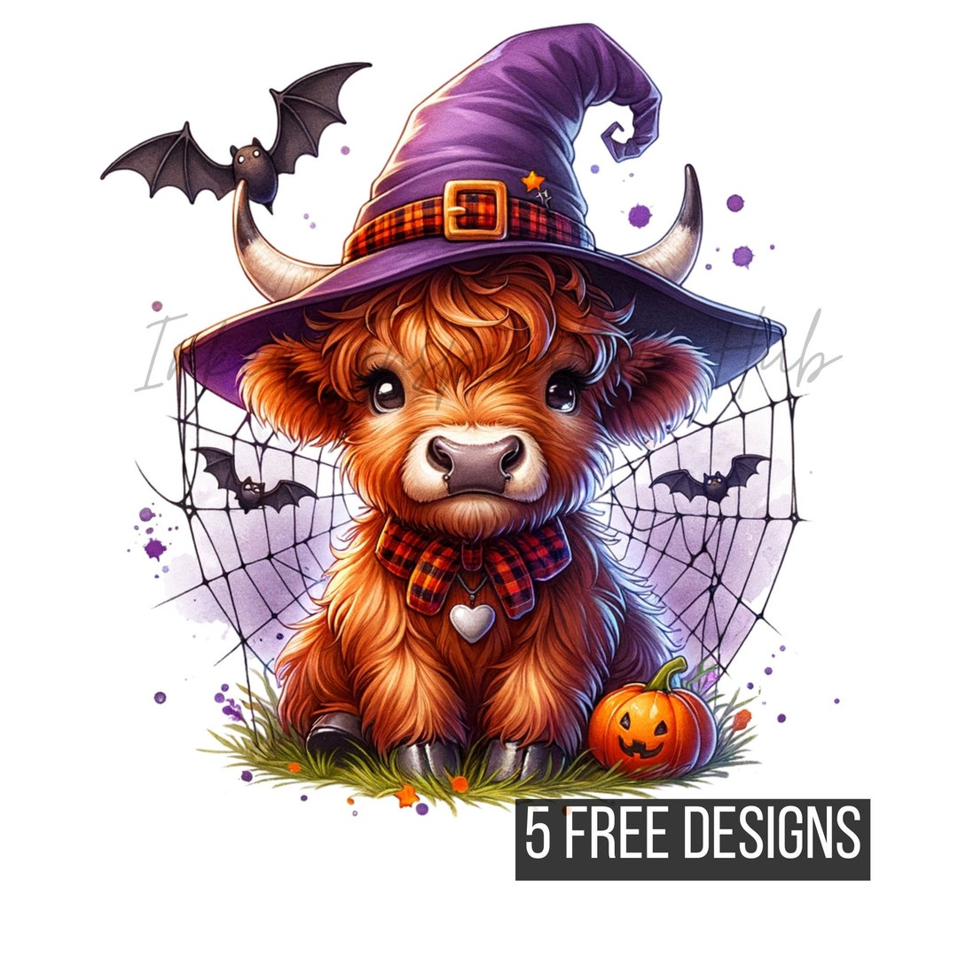 Cute Highland Cow Witch PNG, Halloween T-shirt Design (digital Download ...