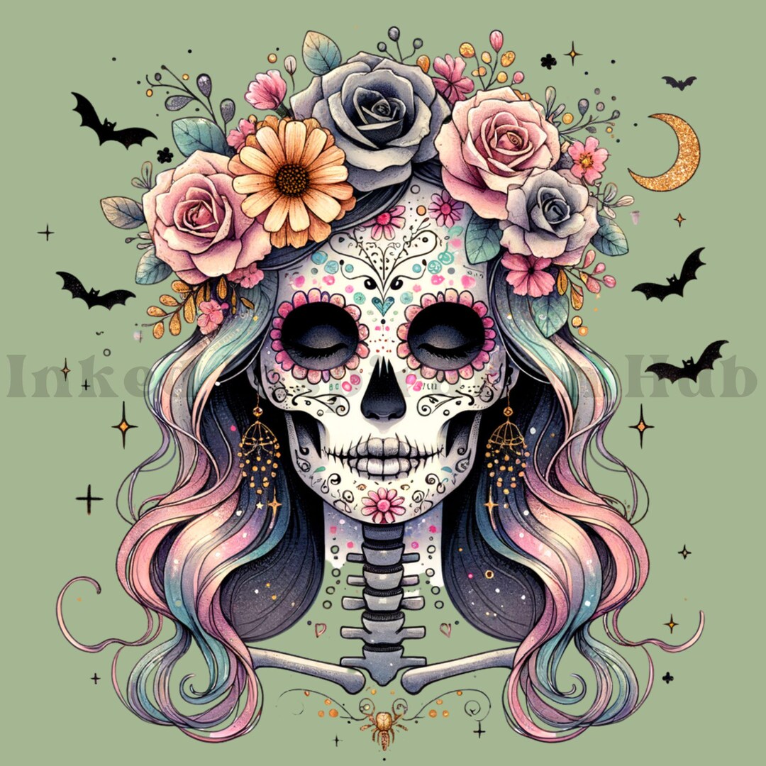 Halloween Sugar Skull Woman PNG Pastel Skeleton Wildflower Sublimation ...