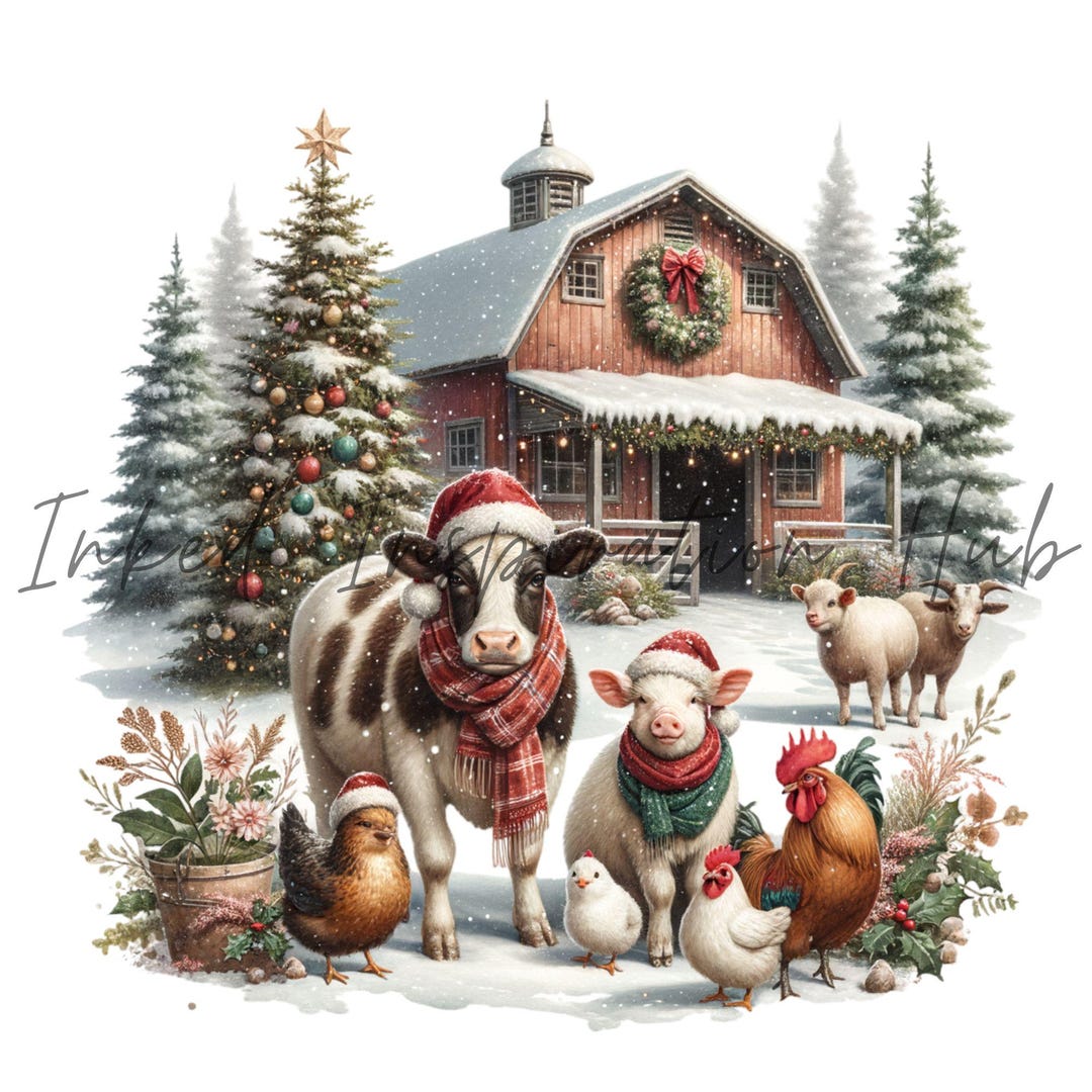 Farm Animal Christmas PNG Farm House White Christmas Sublimation Design ...
