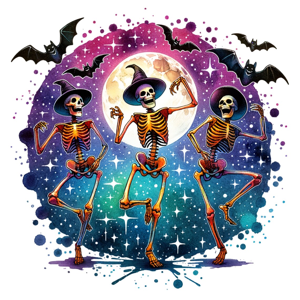 Starry Night Dancing Skeleton PNG Flying Bat Clipart Watercolor ...