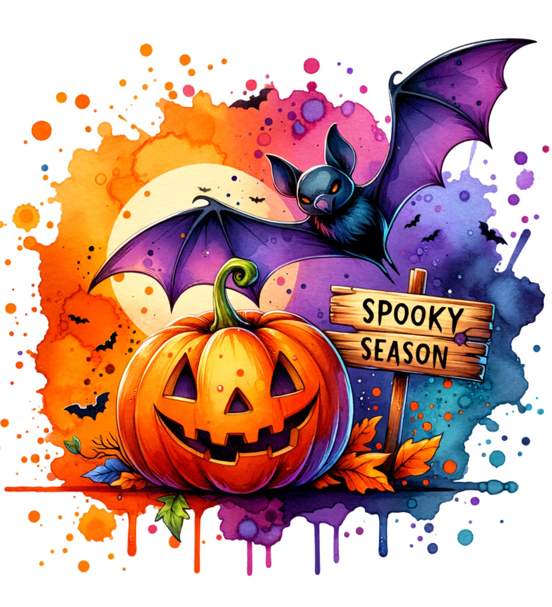 Halloween Pumpkin Spooky Season Bat Clipart Watercolor Halloween Shirt ...