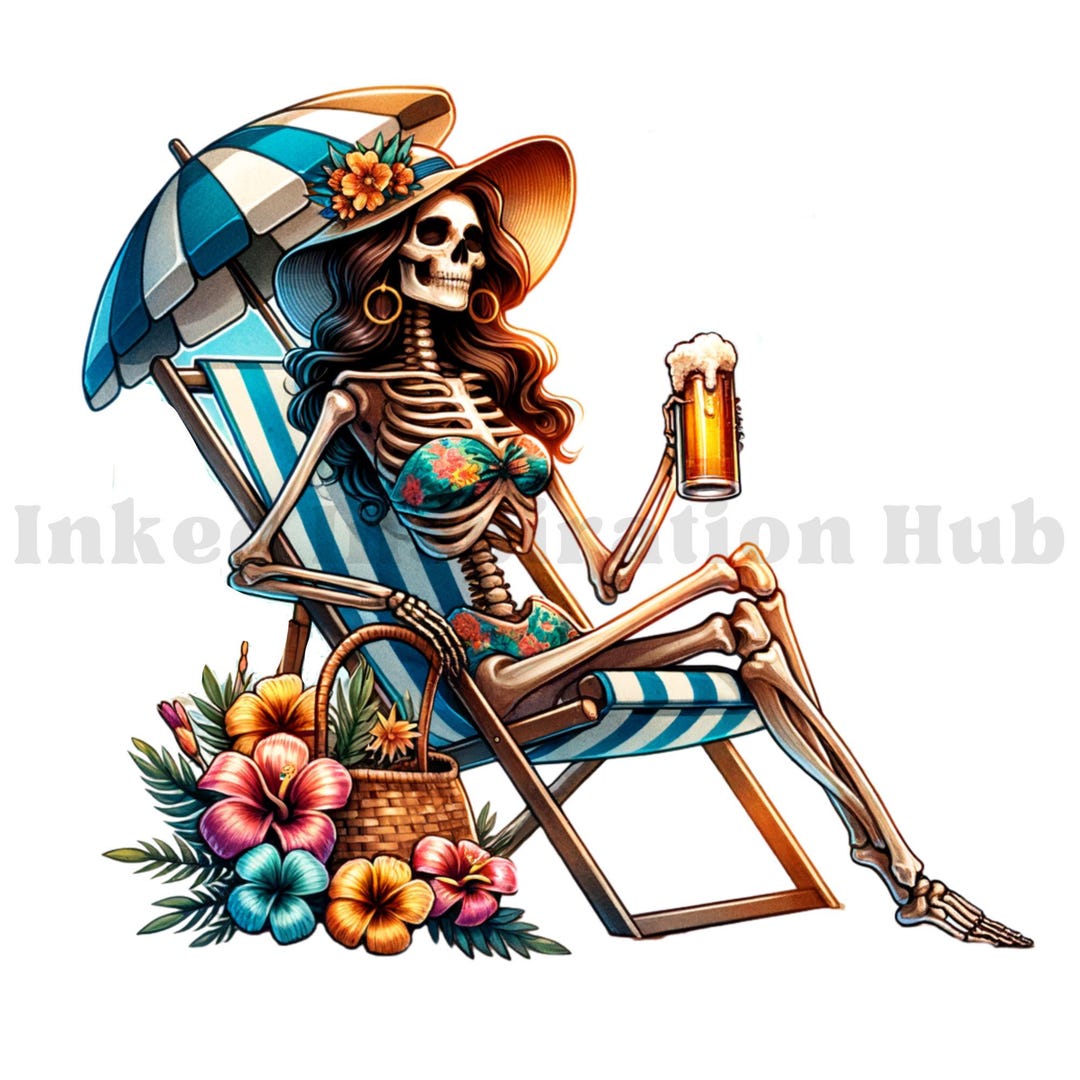 Tropical Skeleton Woman Floral Beach PNG Vacation Beer Drinking T-shirt ...