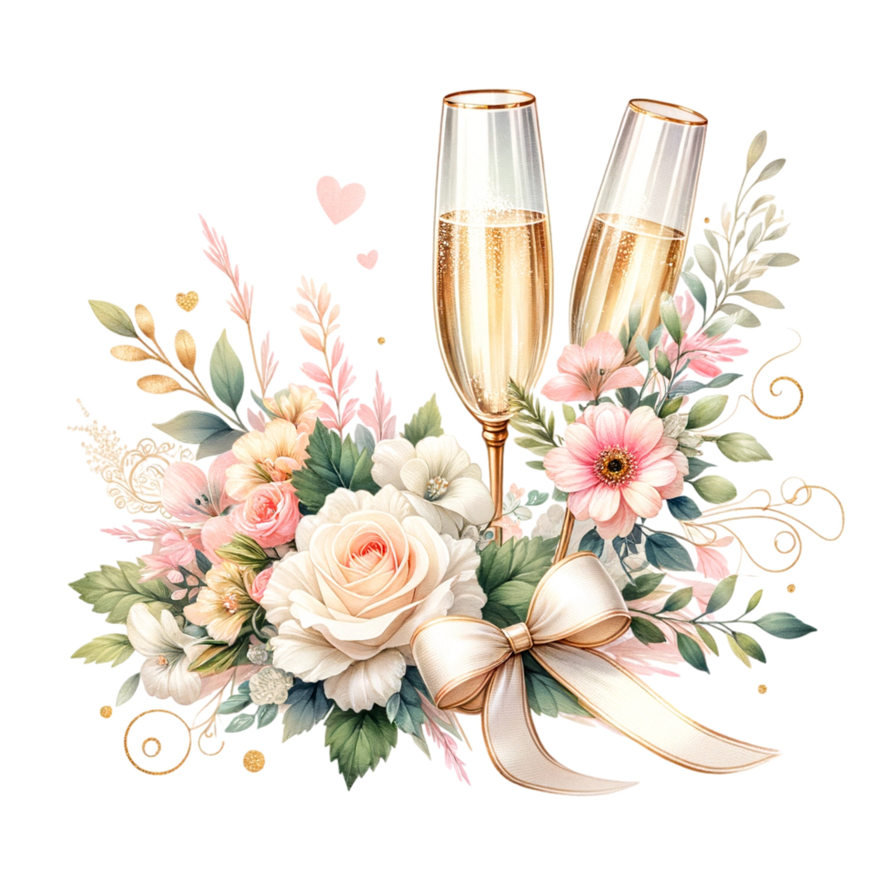 Champagne Glass Clipart Bridal Floral Bouquet Invitation Art Pastel ...