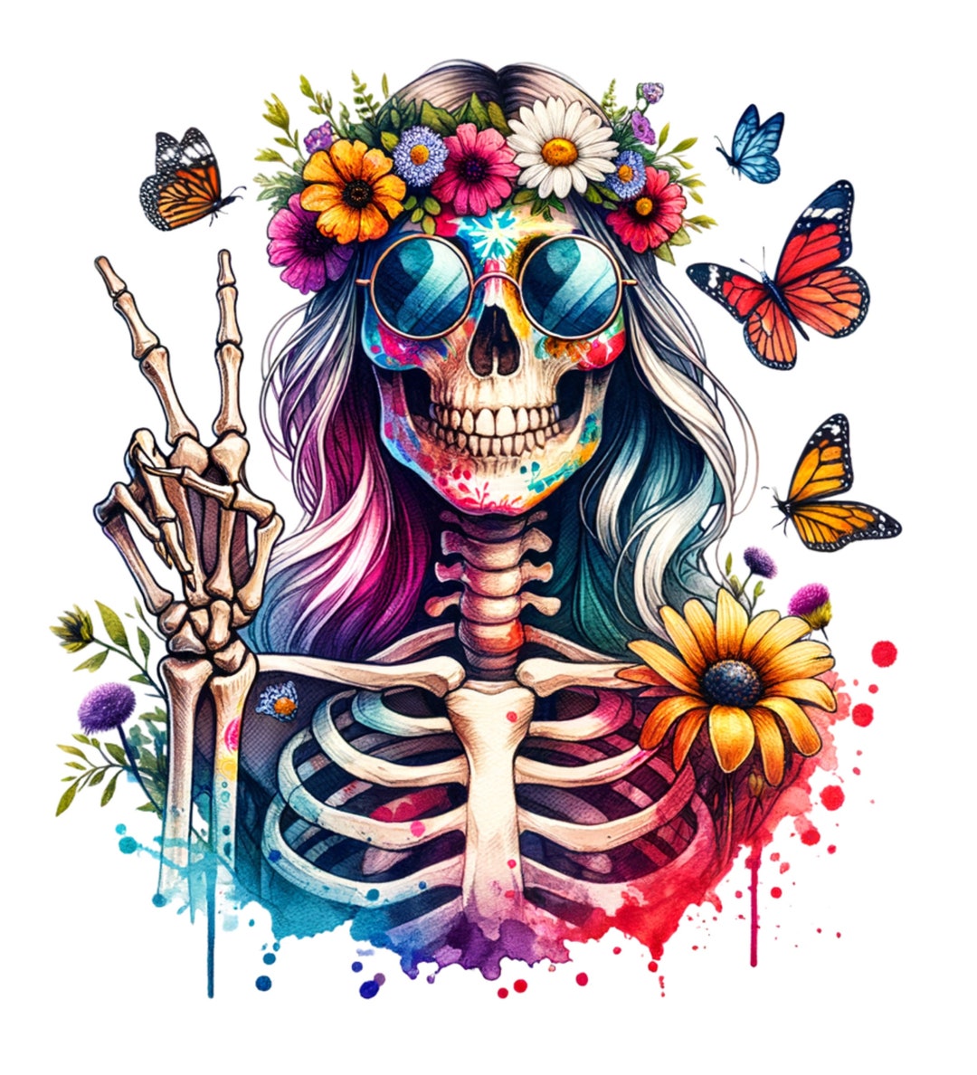 Floral Skeleton Hippie PNG Butterfly Peace Sign Watercolor Sticker ...