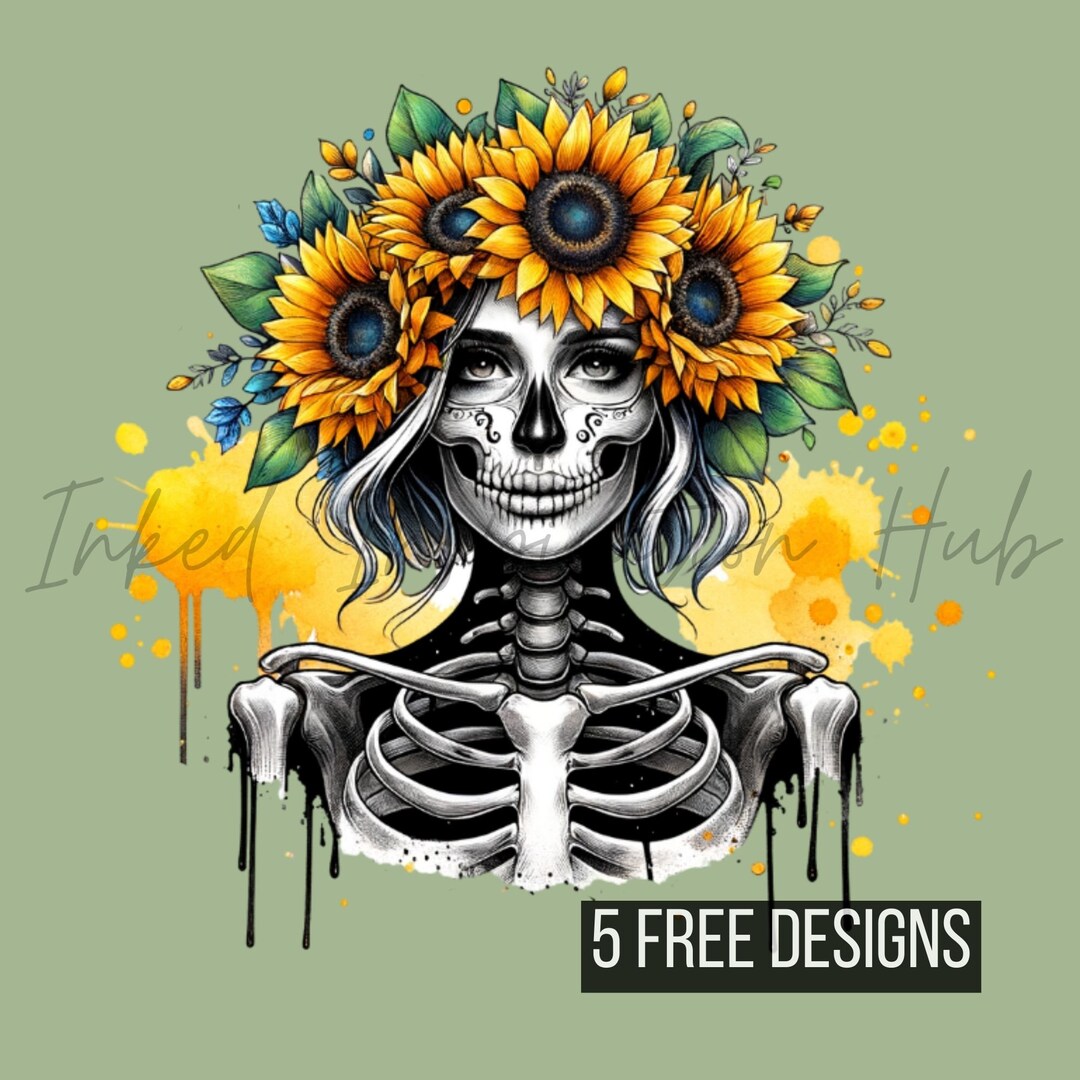Sunflower Skeleton Sugar Skull PNG Watercolor Sticker Art Sublimation ...