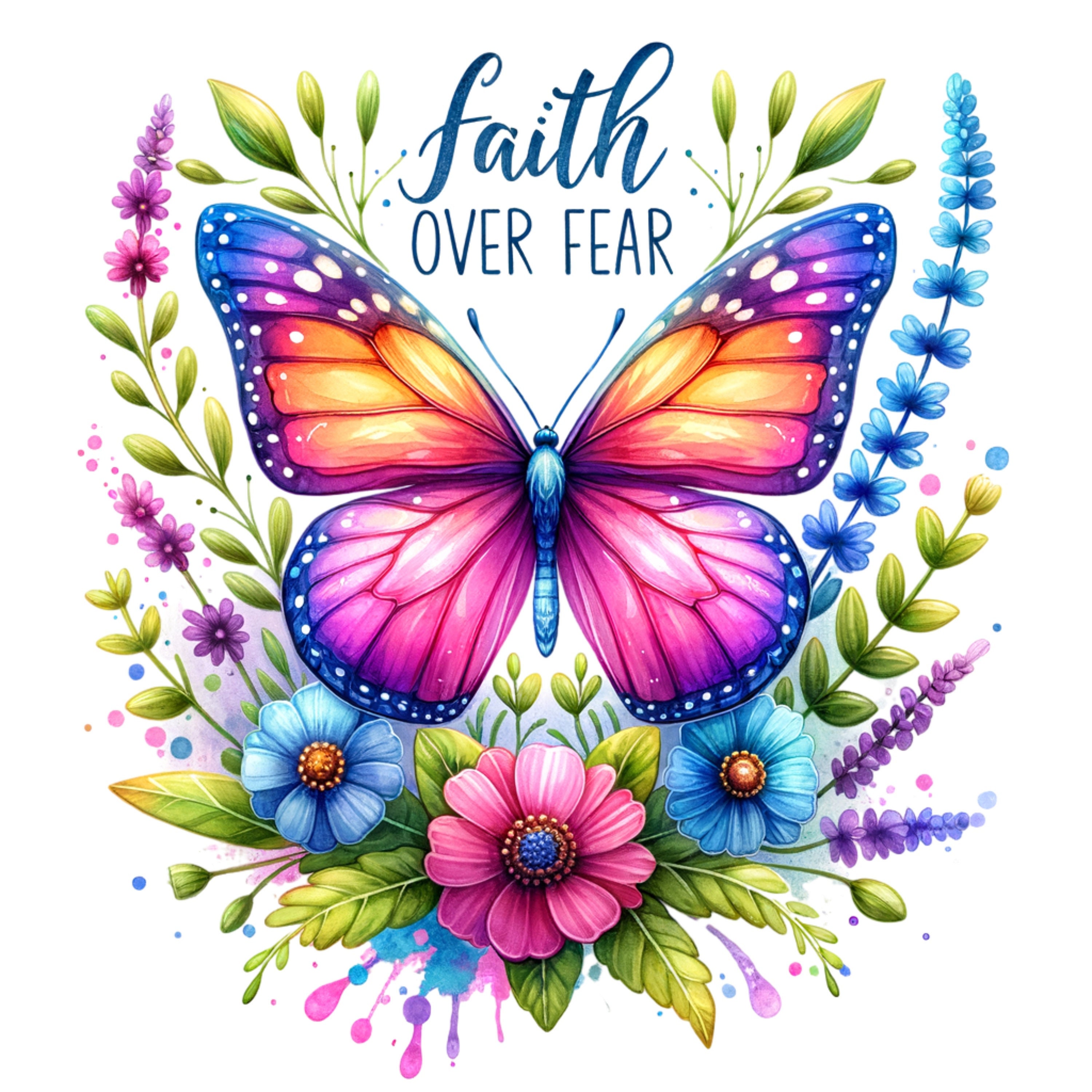 Faith Over Fear Christian Butterfly SVG Spring Watercolor Clipart ...