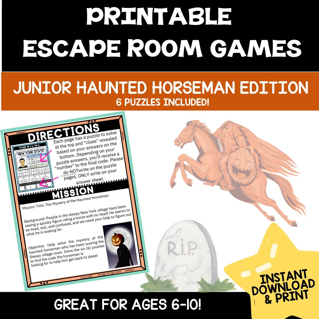 Halloween Escape Room for Kids, Printable Party Game, Haunted Horseman ...