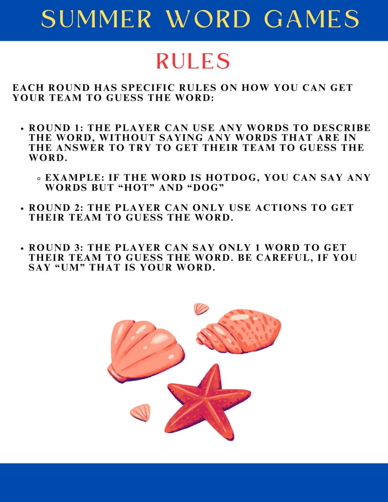 Summer Themed Fishbowl Party Word Games PDF 8.5x11 Sheet Printable ...