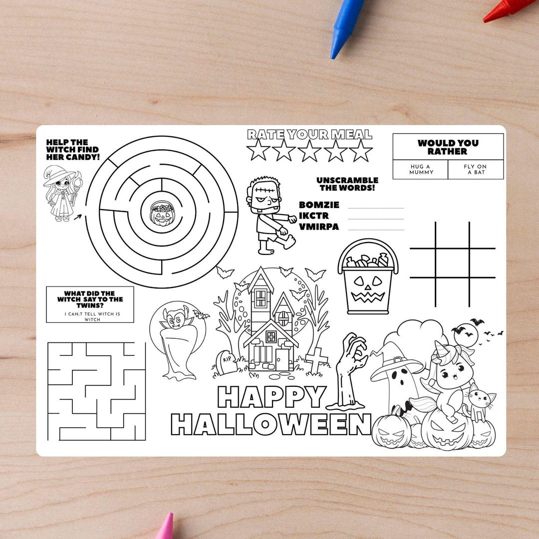 Printable Halloween Placemats, 5 Designs, Halloween Party Games ...