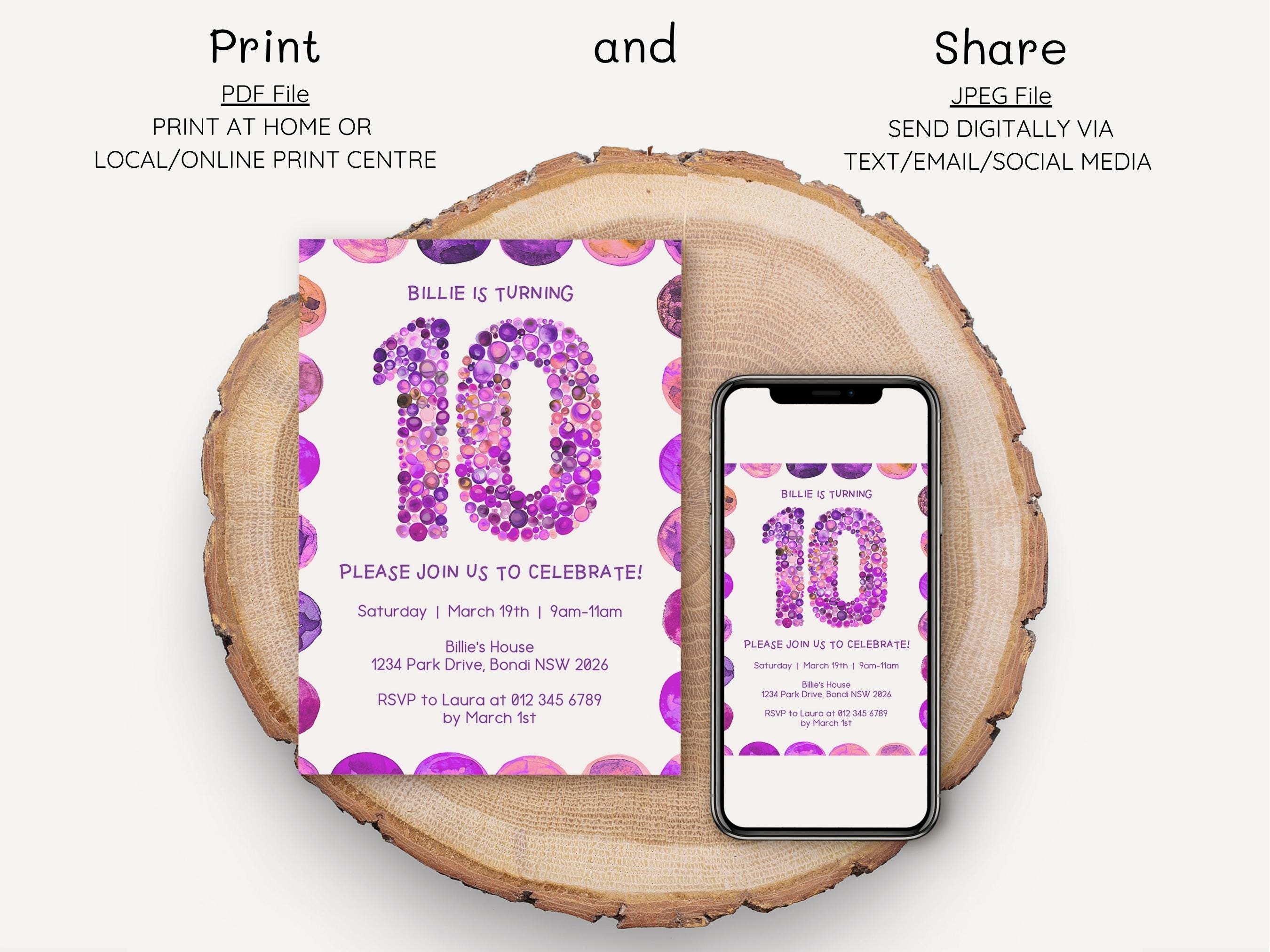 Editable 10th Birthday Invitation Instant Digital Download Purple Pink ...
