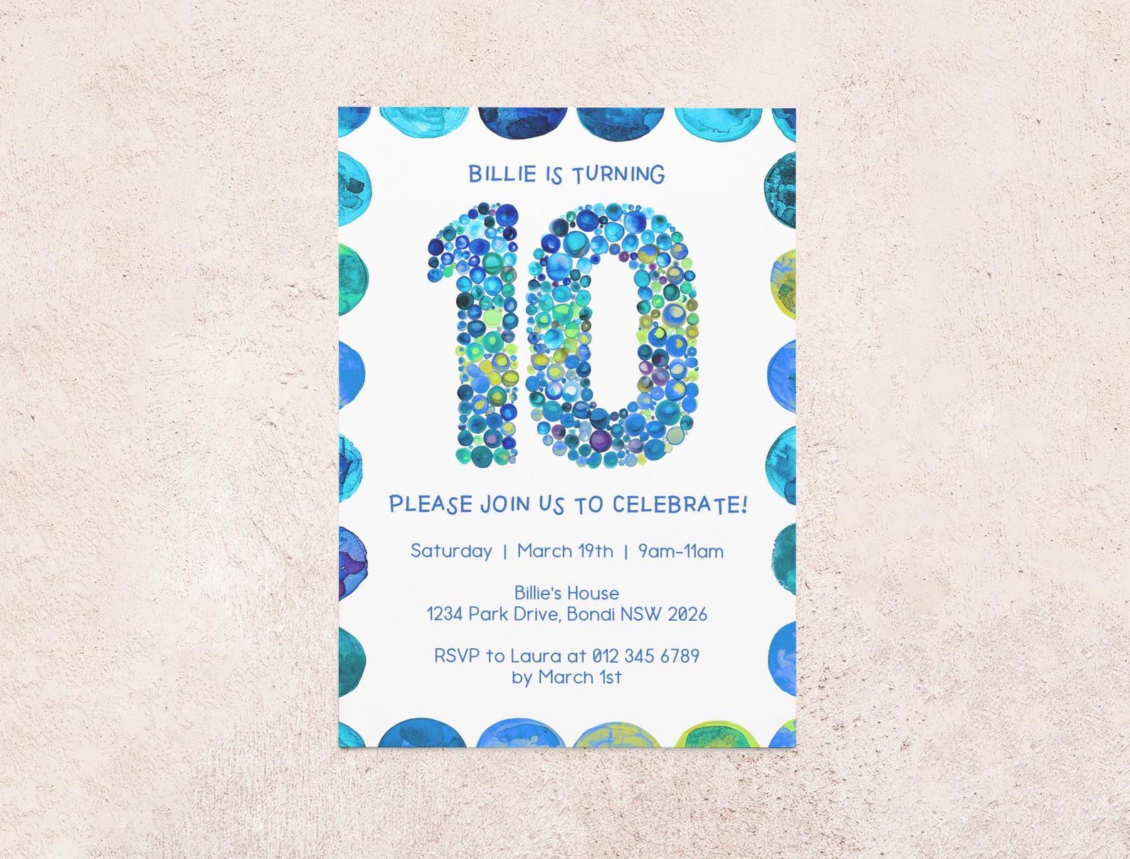 Editable 10th Birthday Invitation | Instant Digital Download | Blue ...
