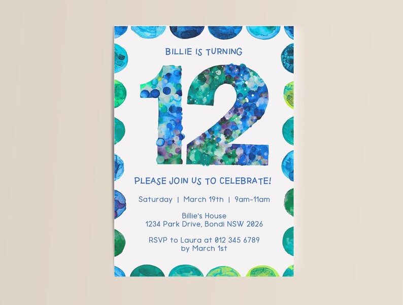 Editable 12th Birthday Invitation | Instant Digital Download | Blue ...