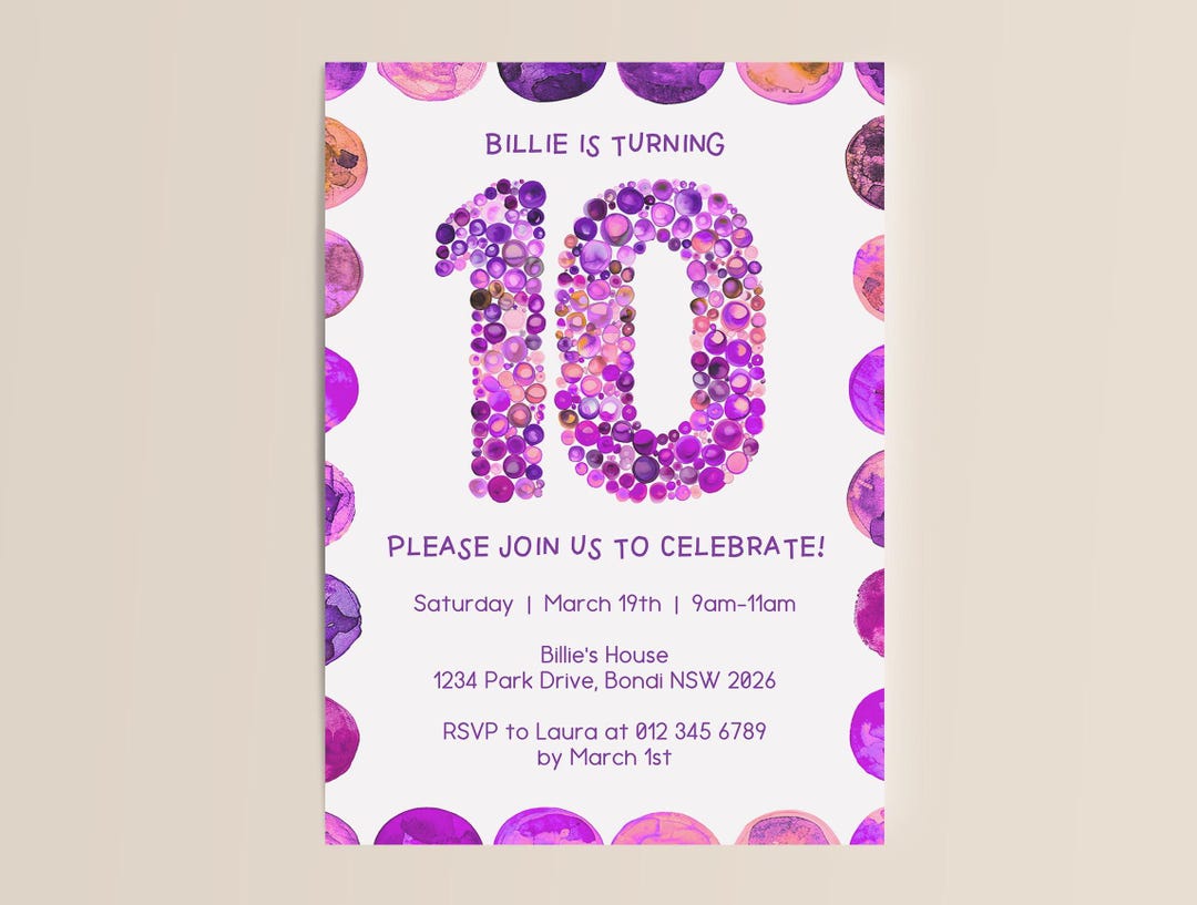 Editable 10th Birthday Invitation | Instant Digital Download | Purple ...