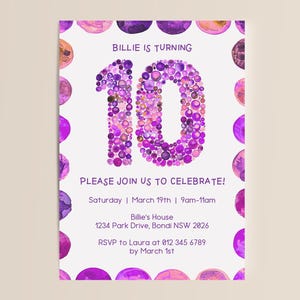 Editable 10th Birthday Invitation | Instant Digital Download | Purple ...