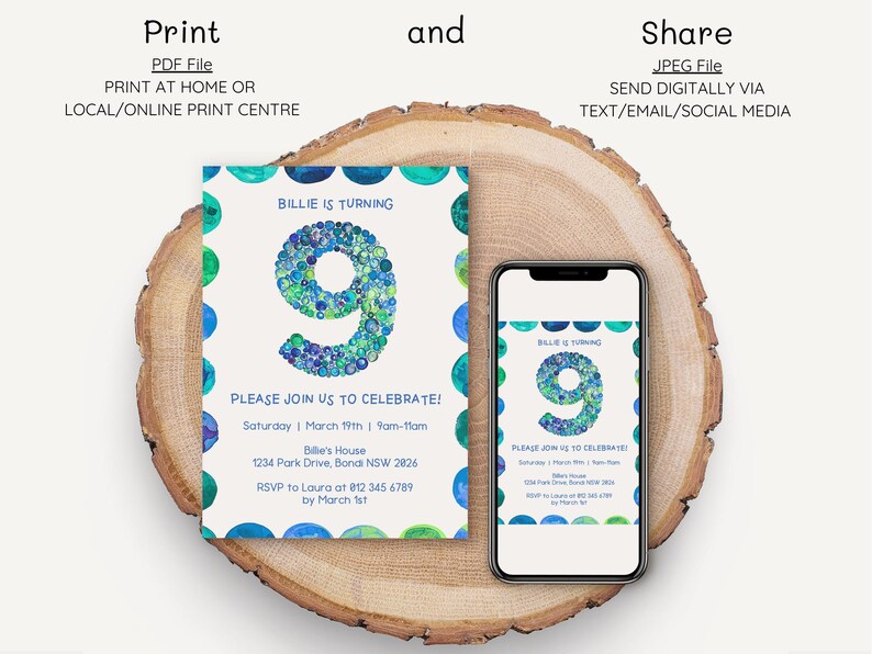 Editable 9th Birthday Invitation | Instant Digital Download | Blue ...