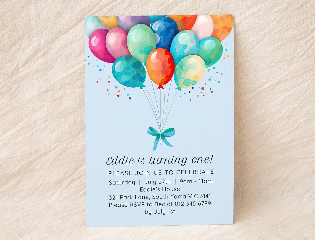 Birthday Balloons Invitation | Instant Digital Download | Balloon Bow ...