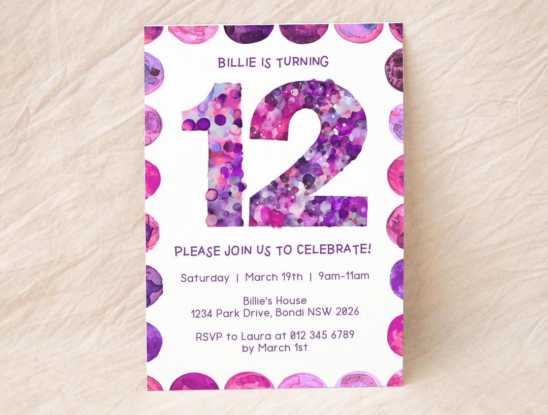 Editable 12th Birthday Invitation | Instant Digital Download | Pink ...