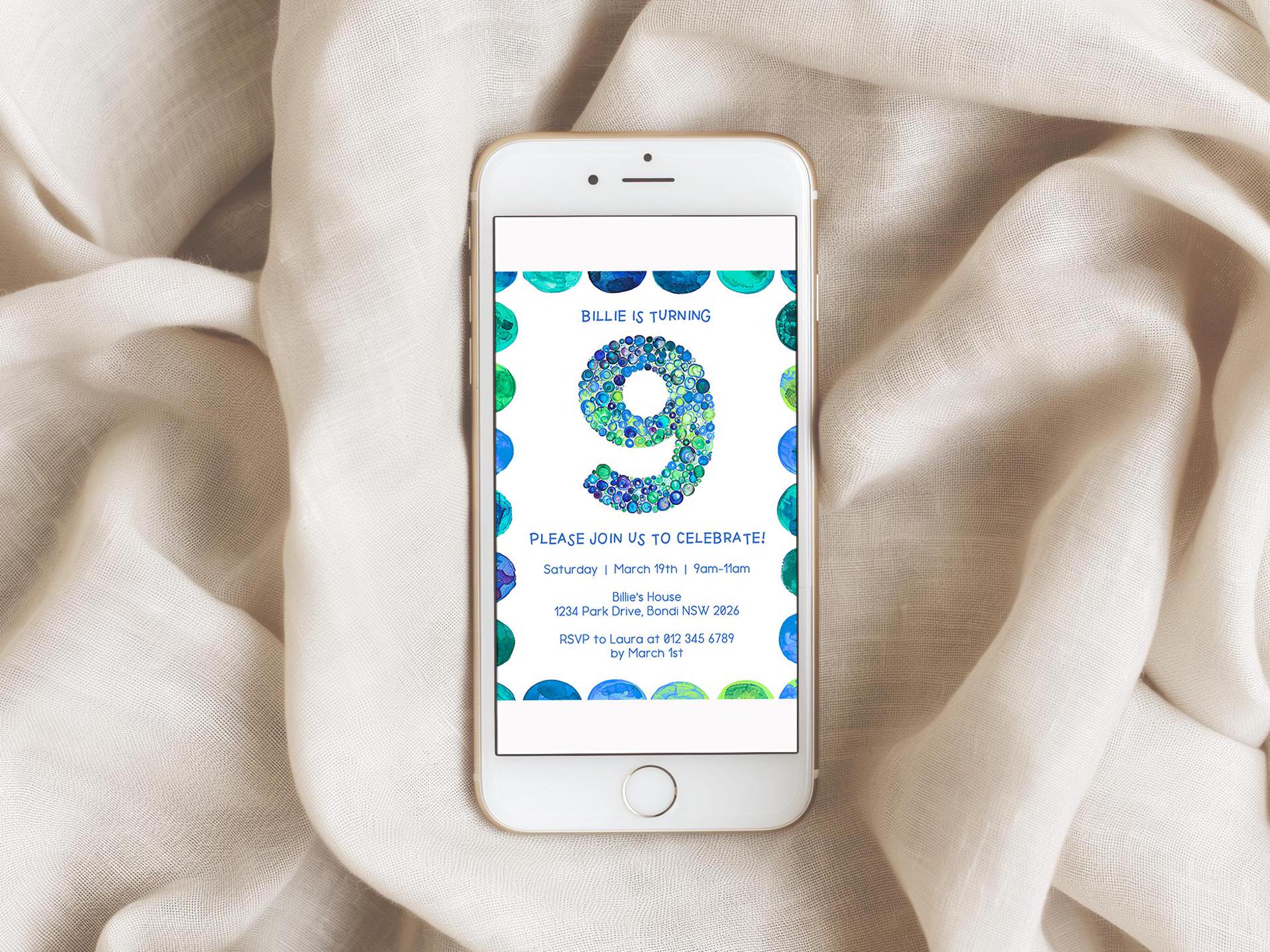 Editable 9th Birthday Invitation | Instant Digital Download | Blue ...