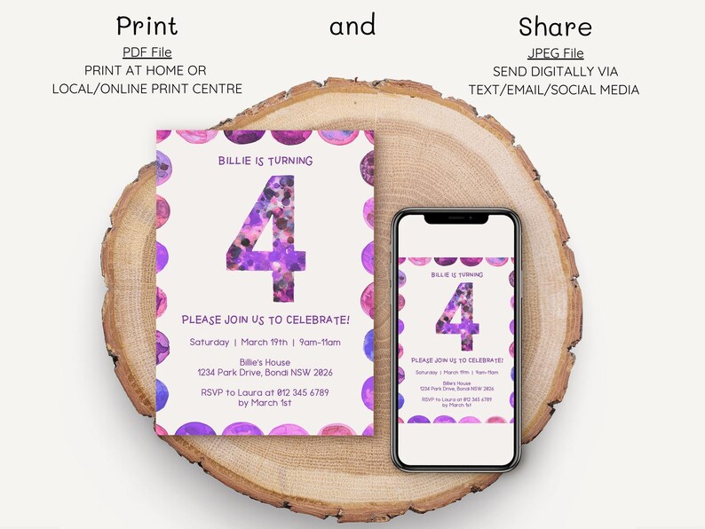 Editable 4th Birthday Invitation | Instant Digital Download | Purple ...