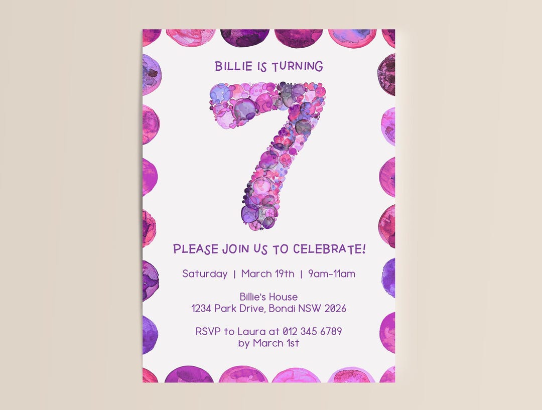 Editable 7th Birthday Invitation | Instant Digital Download | Purple ...