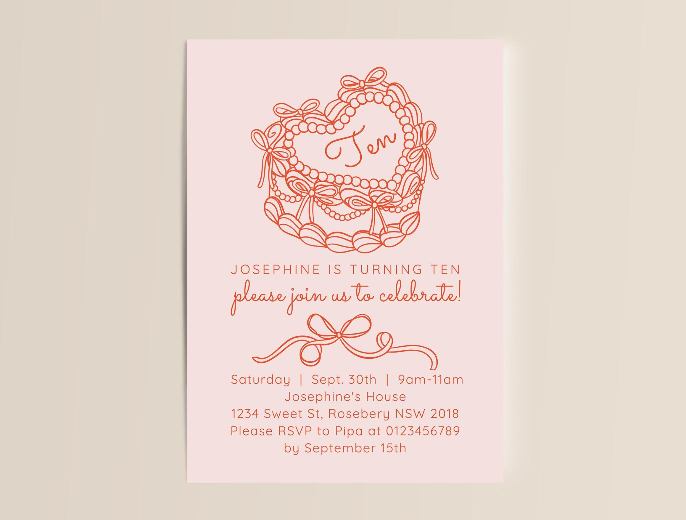 Editable 10th Heart Cake Invitation | Tenth Birthday Instant Digital ...