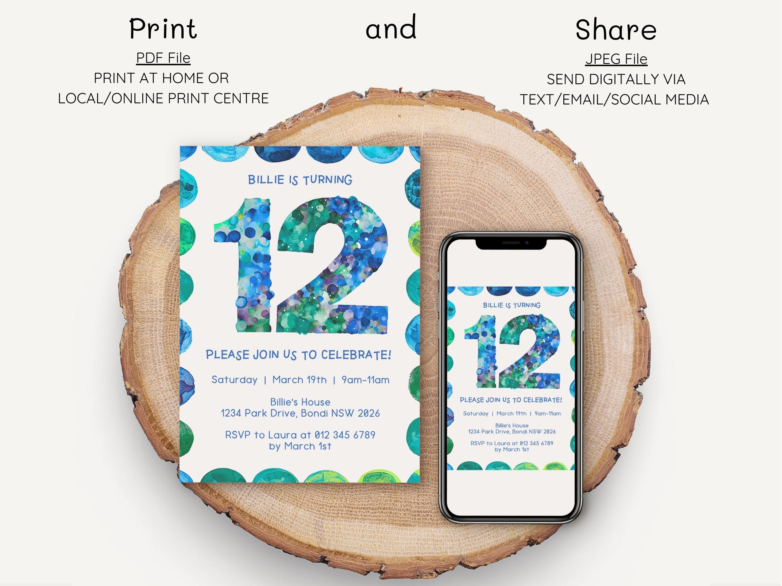 Editable 12th Birthday Invitation | Instant Digital Download | Blue ...