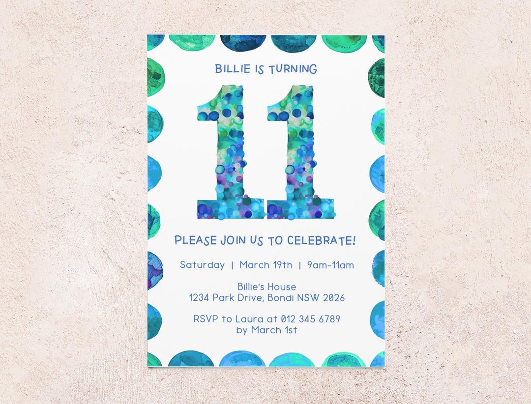 Editable 11th Birthday Invitation | Instant Digital Download | Blue Number 11 | Eleven | Boys ...