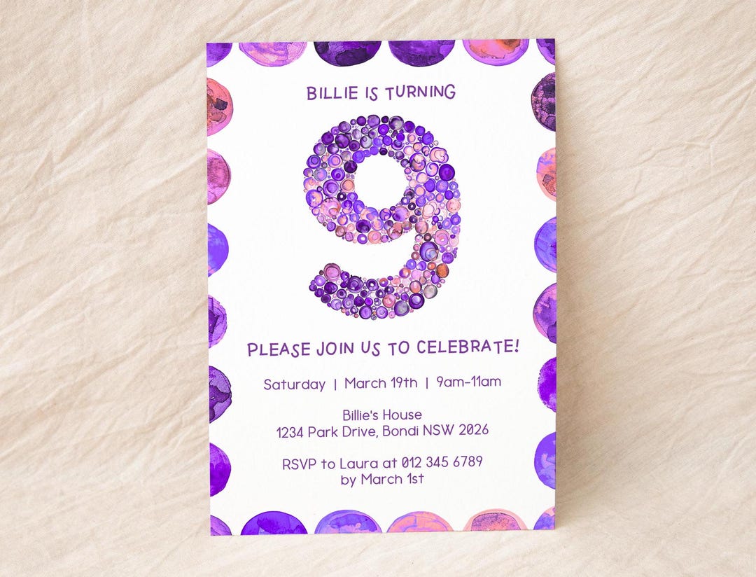 Editable 9th Birthday Invitation | Instant Digital Download | Purple ...
