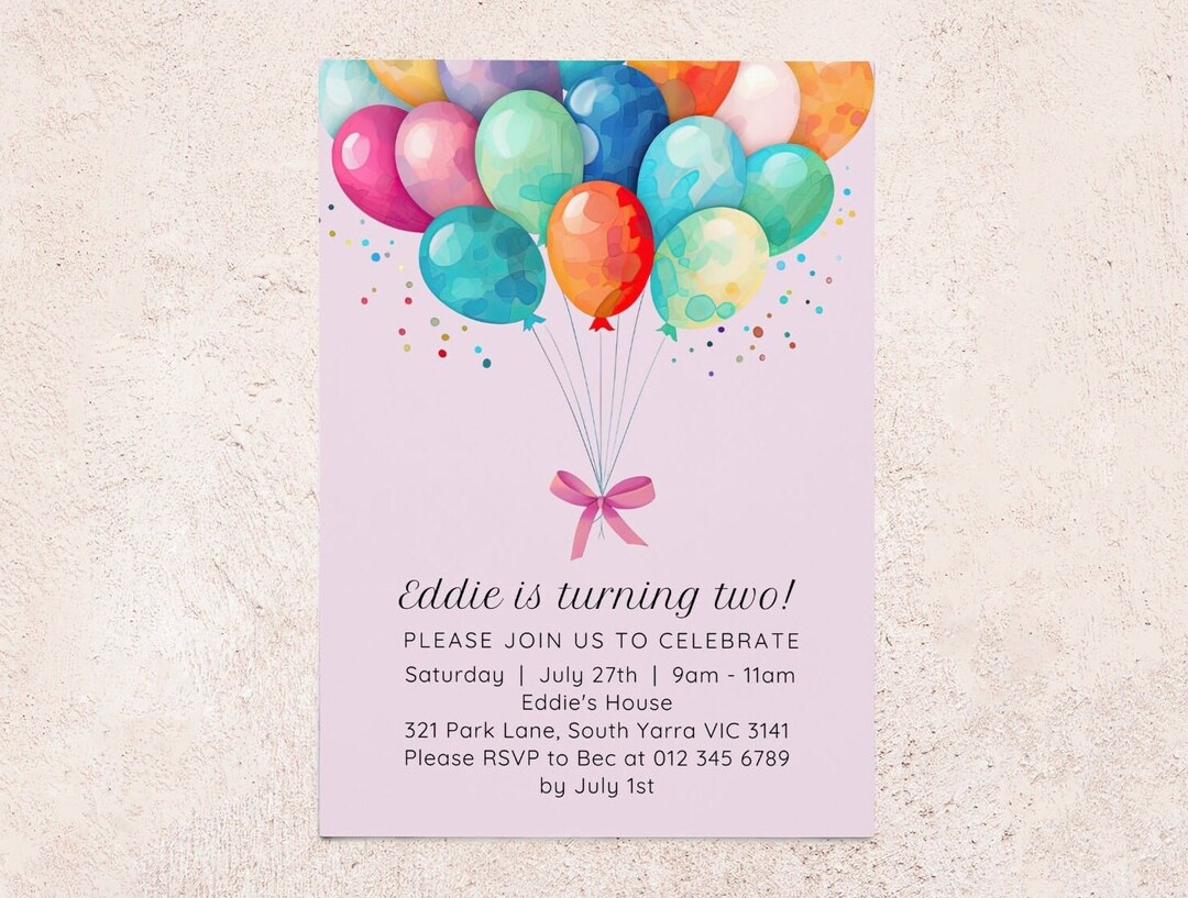 Birthday Balloons Invitation | Instant Digital Download | Balloon Bow ...