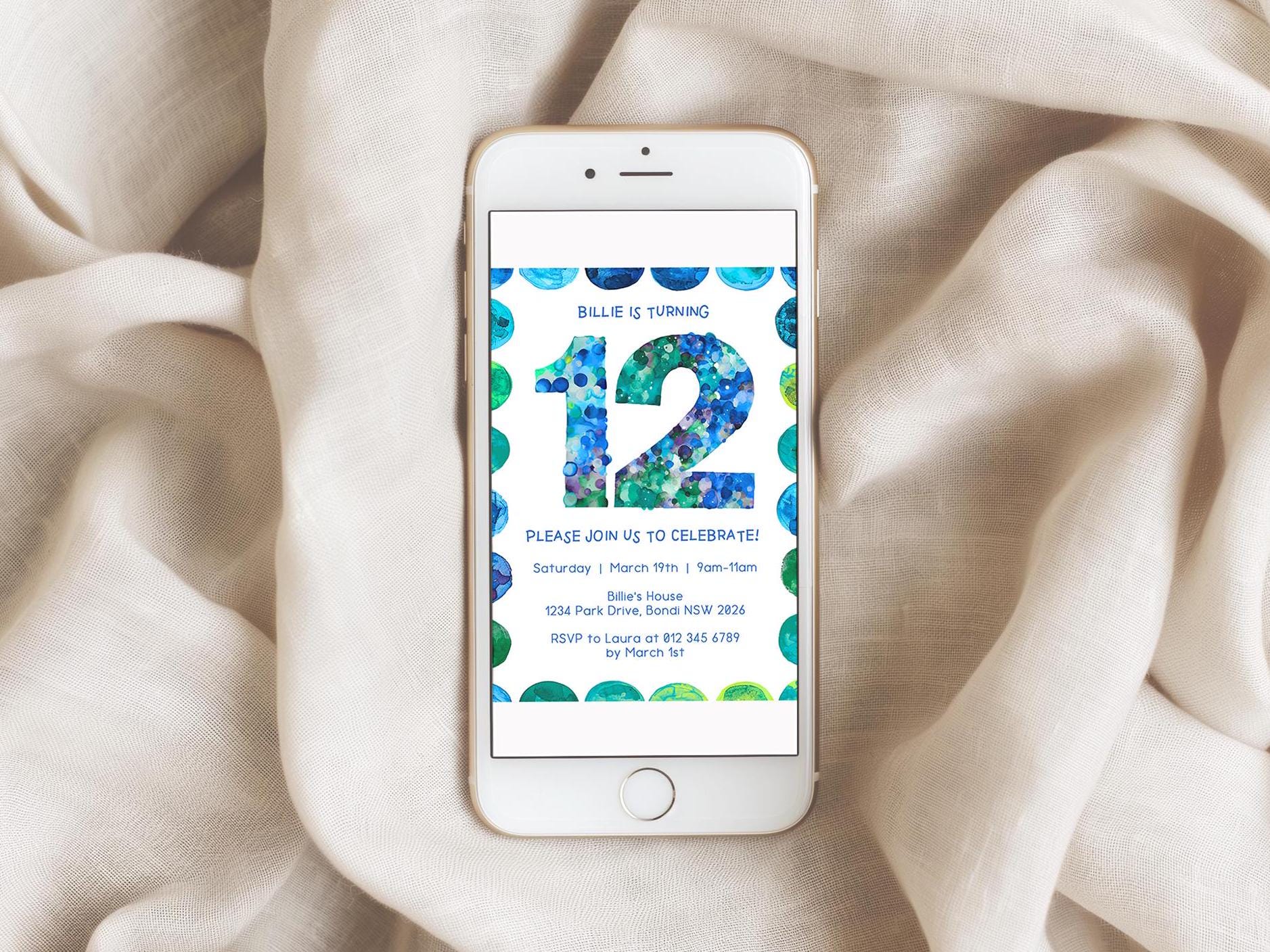 Editable 12th Birthday Invitation | Instant Digital Download | Blue ...