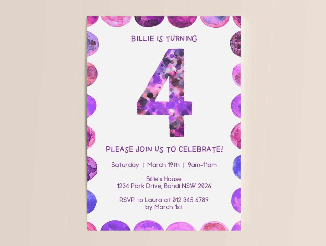 Editable 4th Birthday Invitation | Instant Digital Download | Purple ...