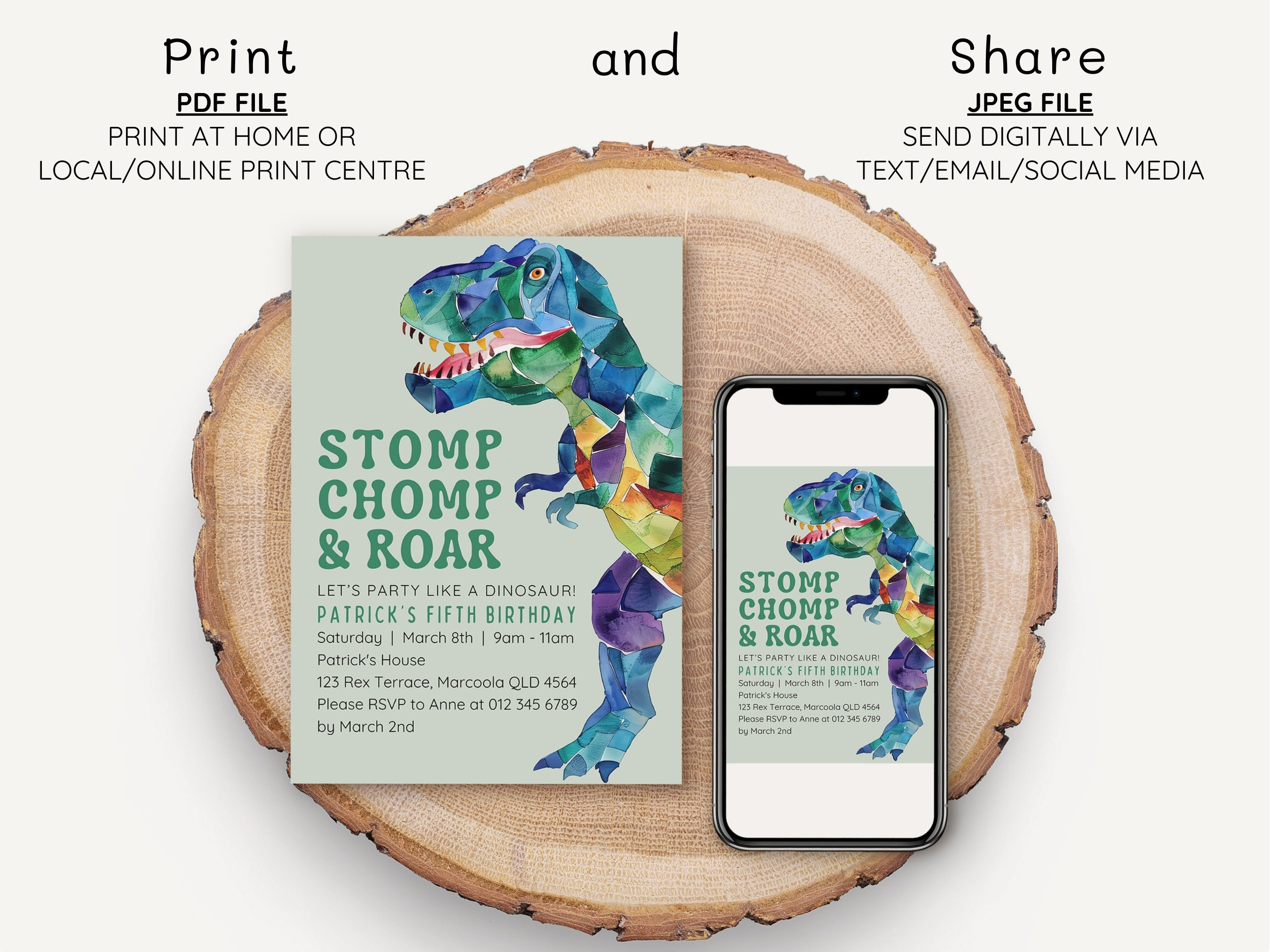 Stomp Chomp & Roar Invite Instant Digital Download Dino Birthday ...