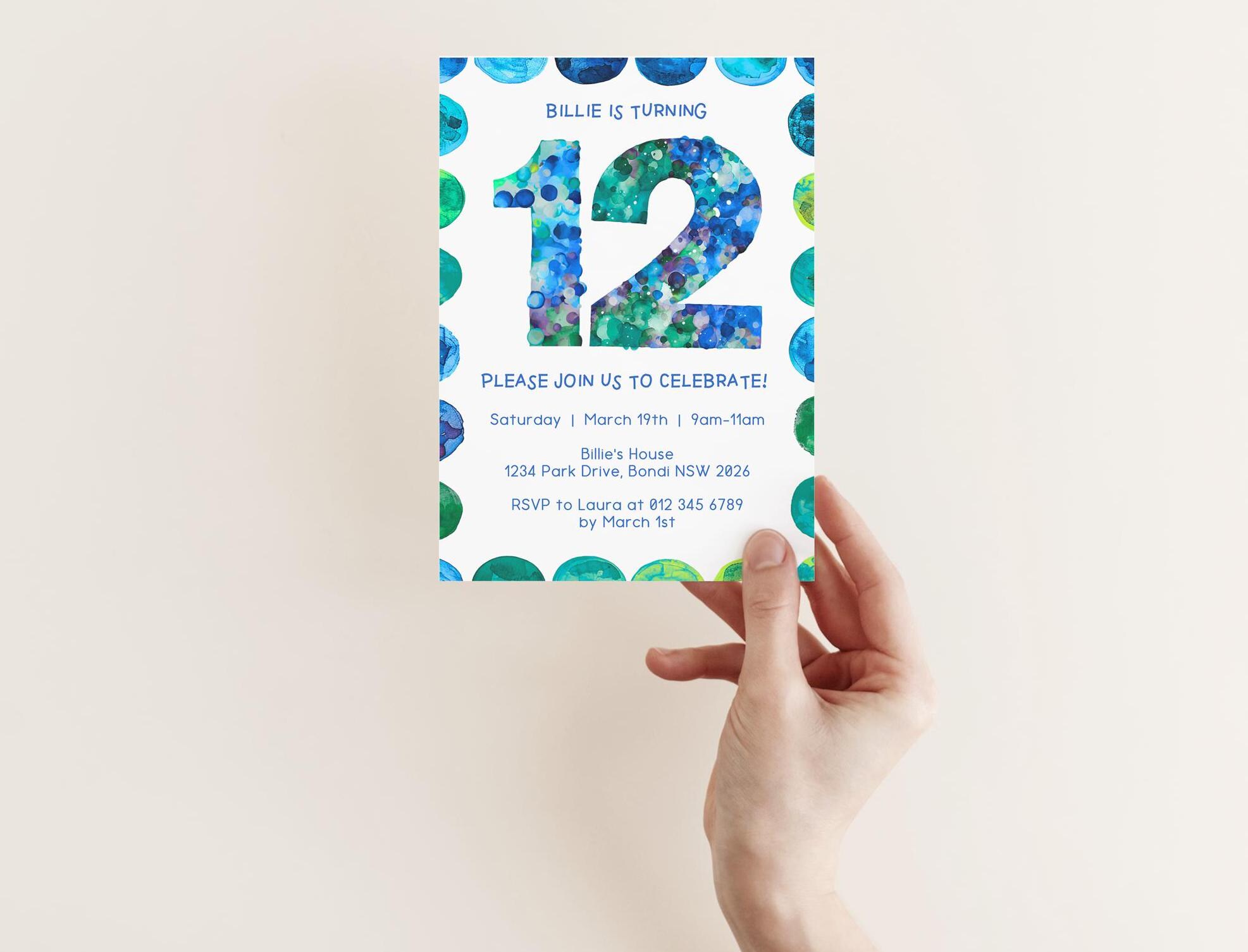 Editable 12th Birthday Invitation | Instant Digital Download | Blue ...