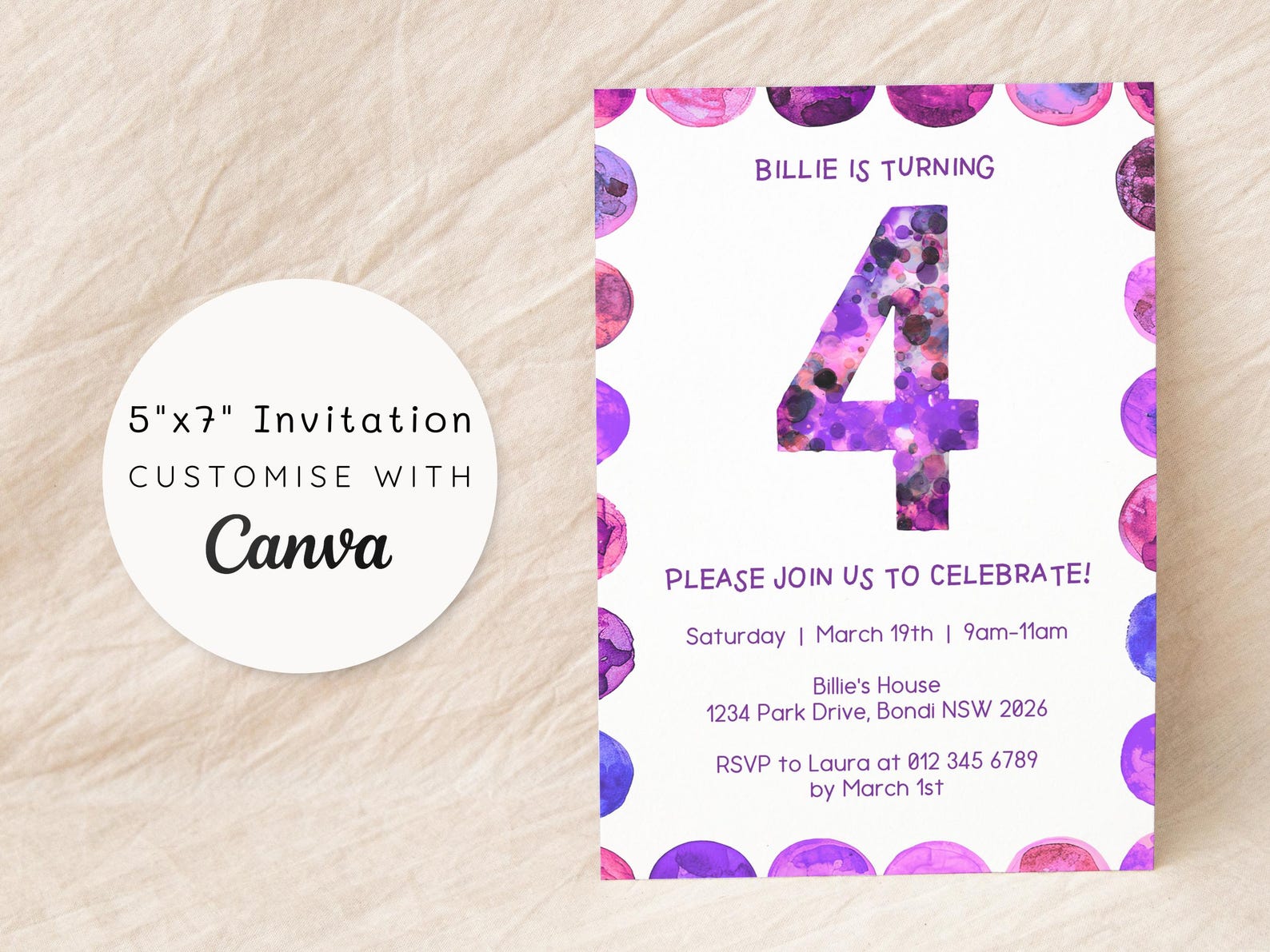 Editable 4th Birthday Invitation | Instant Digital Download | Purple ...