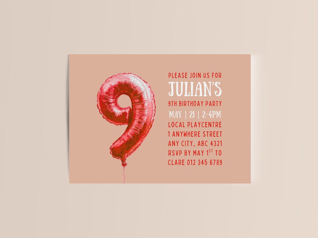 EDITABLE Balloon Number Nine Invitation | 9th Birthday Balloons ...