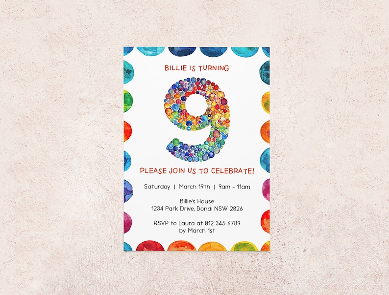EDITABLE Ninth Birthday Invitation | Instant Digital Download | Number ...