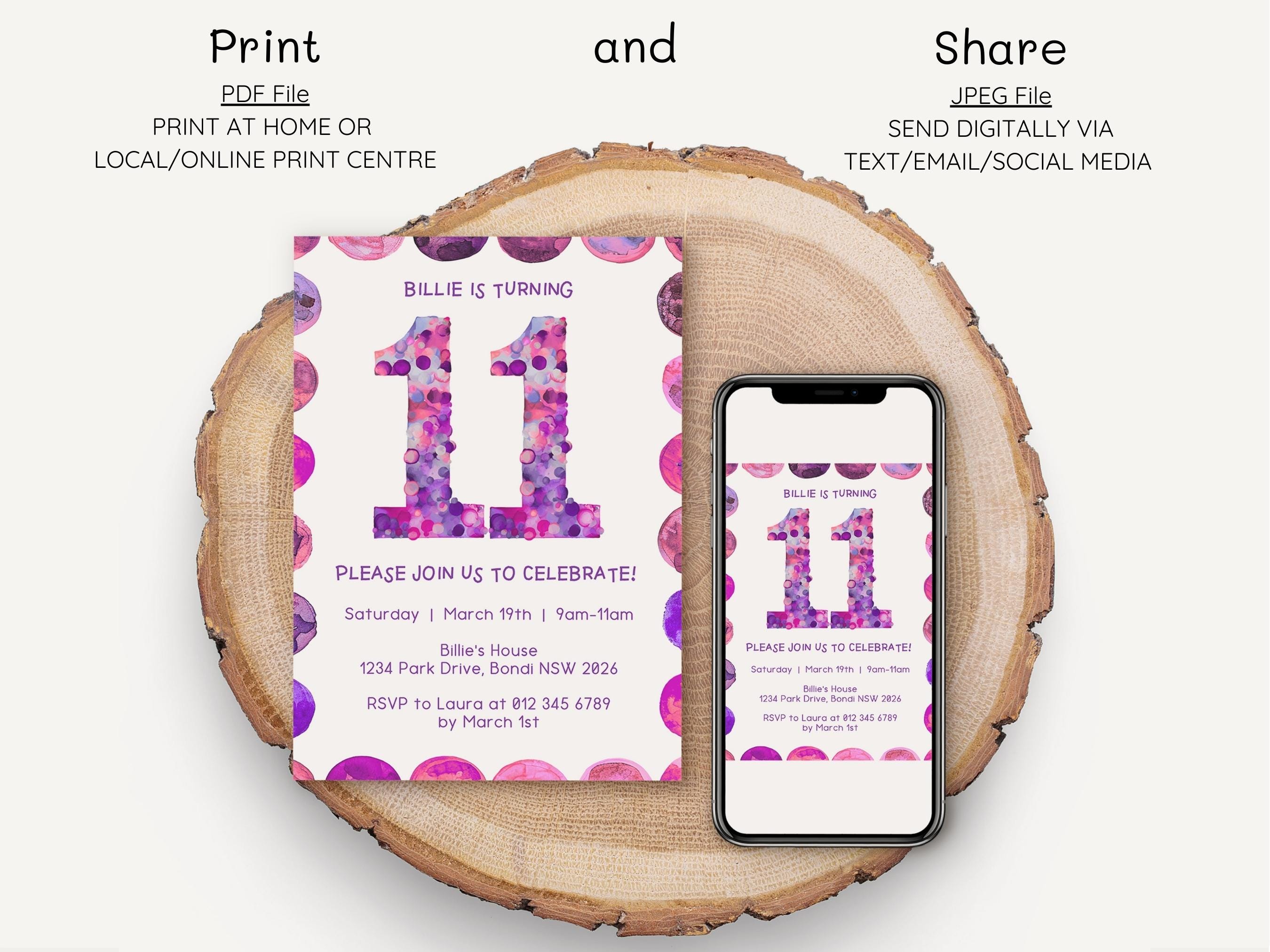 Editable 11th Birthday Invitation | Instant Digital Download | Pink ...