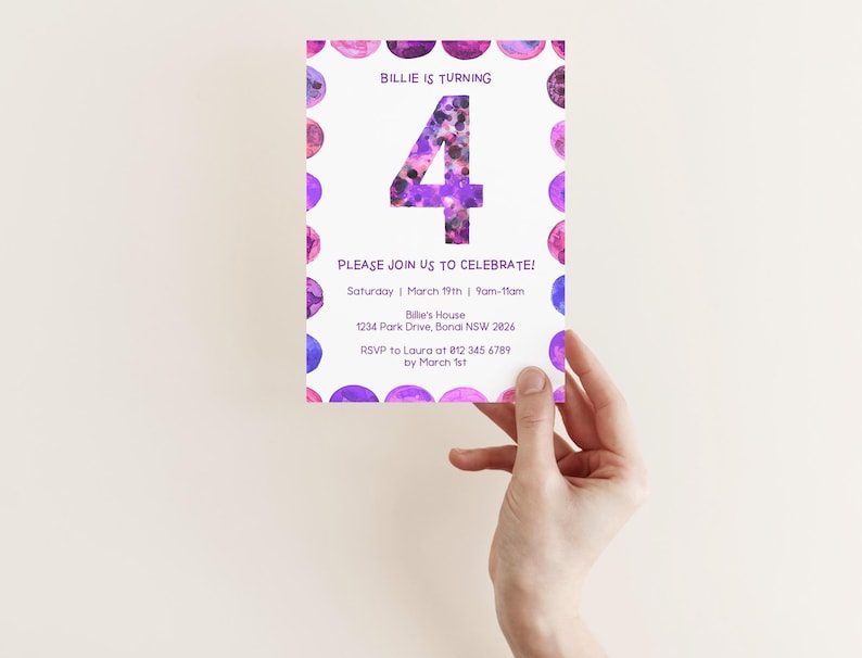 Editable 4th Birthday Invitation | Instant Digital Download | Purple ...