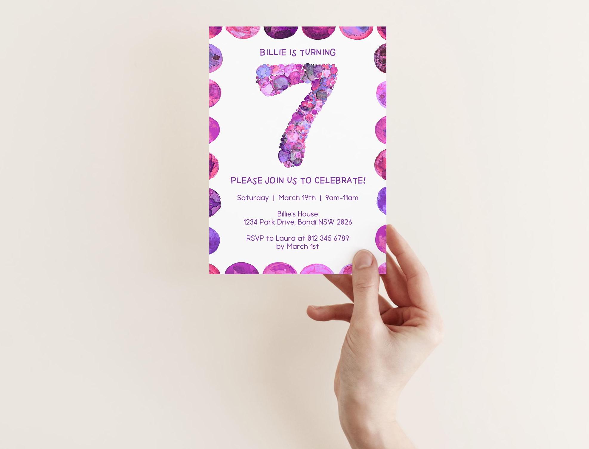 Editable 7th Birthday Invitation | Instant Digital Download | Purple ...