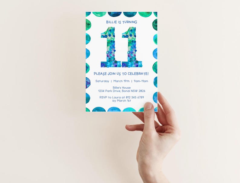 Editable 11th Birthday Invitation Instant Digital Download Blue Number 11 Eleven Boys Invite ...