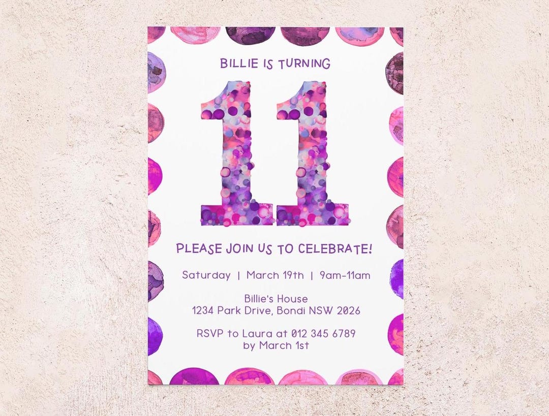 Editable 11th Birthday Invitation | Instant Digital Download | Pink ...